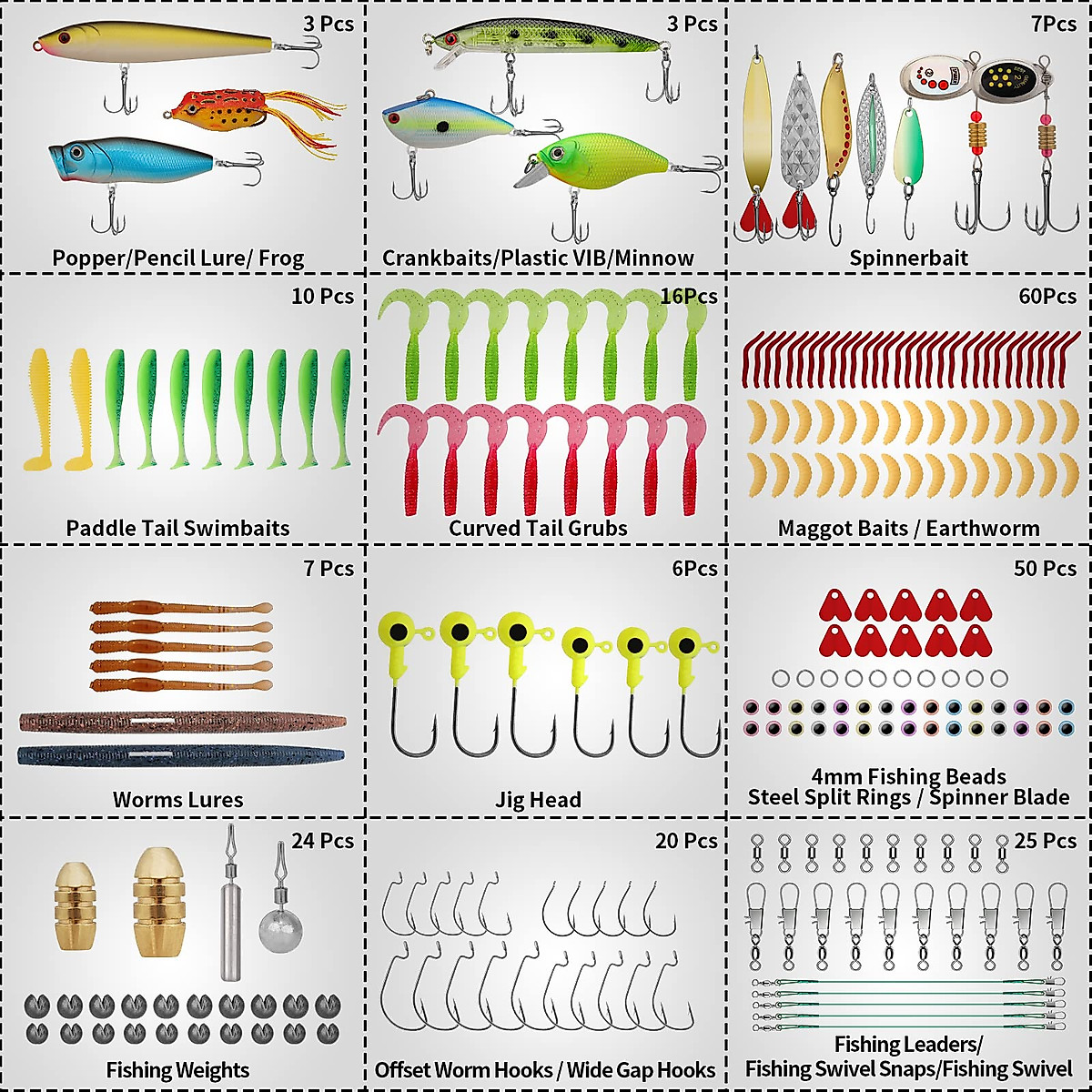 TRUSCEND 232Pcs Essential Fishing Lures Kit, Giftable Fishing Bait Gear Kit for Freshwater, Bass Fishing Tackle Box with Tackle Included Soft Lures, Crankbait, Hook, Weights, Other Accessories for Men