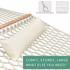 TONAHUTU 13FT Hammocks, Traditional Hand Woven Cotton Rope Hammock with Free Extension Chains for Outdoor Indoor Patio Yard 450 LSB Capacity for Two Person (Natural)