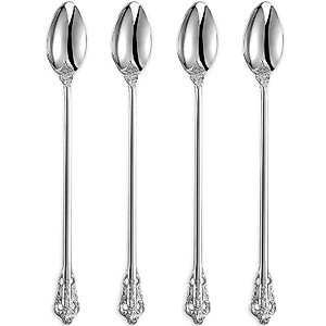 KEAWELL Luxurious 9 Inch Long Iced Tea Spoon Set - 4 Pieces - Gorgeous Design with Exceptional Mirror Polished Finish - 18/10 Stainless Steel- Perfect for Tall Glasses, Cocktails (Silver)