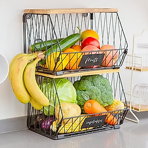 PERFNIQUE Fruit Basket, Wall Mounted Kitchen Baskets for Storage, 2PCS Stackable Fruit Holder with Wooden Lid, Vegetable Baskets for Kitchen, Hanging Metal Wire Baskets (Black, M & M)