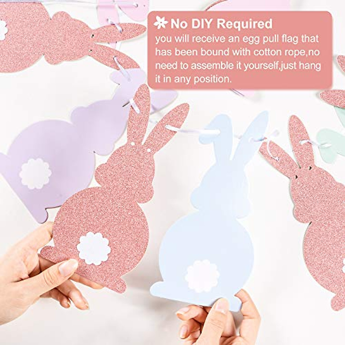 Whaline Easter Banner Decoration Happy Easter Banner Garland, Glitter Easter Bunny Bunting Flag Farmhouse Banner Spring Themed Party Favors Supplies, Happy Easter Day Home Decor for Mantle Fireplace