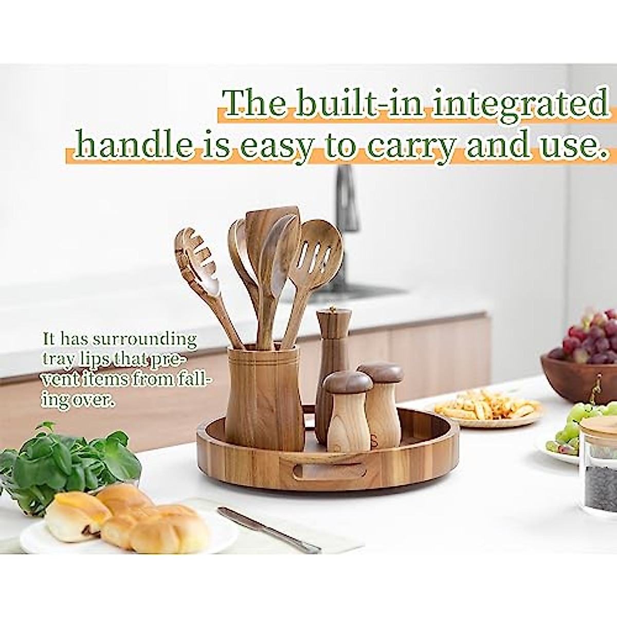 Lazy Susan Wooden Round Tray with Built-in Handles, Farmhouse Wood Serving Tray with Rotating System, Multifunctional Organizer Tray for Home Decorations Bath Vanity Tray Kitchen Counter Ottoman Tray