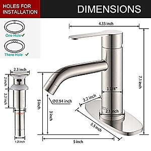 AMAZING FORCE Bathroom Faucet with Pop Up Drain Assembly and Deck Plate 1 or 3 Hole Bathroom Sink Faucet with Sink Drain Single Handle, Brushed Nickel 1.2 GPM