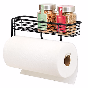 mDesign Wall Mount Metal Paper Towel Holder with Storage Shelf for Kitchen, Pantry, Laundry, Garage Organization - Shelf Holds Spice Bottles, Glass Jars, Oils and Vinegars - Black
