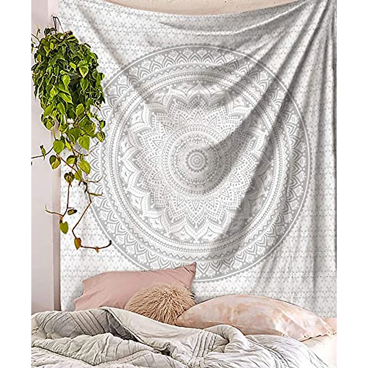raajsee Glittering Silver Grey Tapestry Wall Hanging Mandala-Bohemian Room Decor-Indian Cotton Throw Hippie Tapestries -Queen Bedspread 82x92 inches