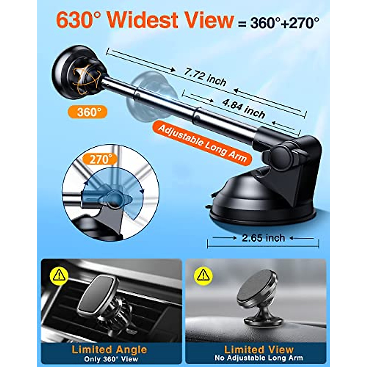 VANMASS Magnetic Car Phone Holder, [Super Strong Magets & Ultra Stable] Suction Cup Phone Holder Aluminium Alloy Structure, Handsfree Dashboard Window Car Mount Compatible with All Phones