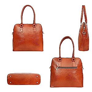 La Reina Women's Genuine Leather Handmade Handbags Shoulder Tote Organizer Top Handles Crossbody Bag Satchel Designer Purse, Crocodile Pattern (TAN)