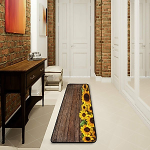 Sunflower Runner Rug, Wood Board Print Bath Rug Non-Slip Soft Kitchen Mat Doormat Large Runner Carpet 72" X 24"