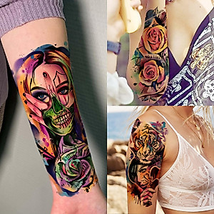 VANTATY 55 Sheets 3D Watercolor Temporary Tattoos For Women Men Adults Arm, Tiger Lion Skull Skeleton Fake Tattoos That Look Real And Long Lasting Colorful Halloween Wolf Rose Flower Temp Tattoo Stickers For Kids Teens