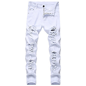 Men Ripped Distressed Destroyed Jeans Casual Vintage Hip Hop Jean with Holes Straight Leg Slim Fit Stretch Denim Pants (White,30)