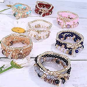 YADOCA 7 Sets Bohemian Stackable Beaded Bracelets for Women Men Boho Stretch Multilayered Bead Bangles Bracelet Set with Charm Multicolor Statement Jewelry