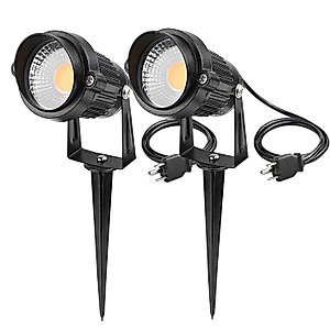 LemonBest Outdoor Landscape Lighting Plug in 5W COB LED Garden Wall Yard Path Spot Light w/Spiked Stand, Pack of 2 Warm White with AC Power Plug