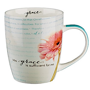 Christian Art Gifts Ceramic Bible Verse Coffee & Tea Mug for Women: Sufficient Grace - 2 Corinthians 12:9-10 Inspirational Bible Verse Cup Floral Chrysanthemum Scripture Mug w/Pink Flowers, 12 oz.