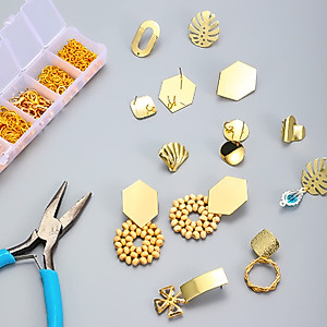 Hicarer 36 Pcs/ 18 Pairs Gold Plated Earring Studs for Jewelry Making Earring Posts with Loop Hole Ear Studs Kit Palm Leaf Shaped Flower Shell Ear Pad Base Posts Heart Hollow Rectangle Hexagon Shapes