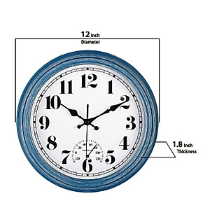 JENLYSTIME 12 Inch Indoor/Outdoor Retro Waterproof Wall Clock with Thermometer Silent Round Quartz Battery Operated Easy to Read Decorative for Kitchen Patio,Bathroom,Deck,Porch,Pool(Blue)