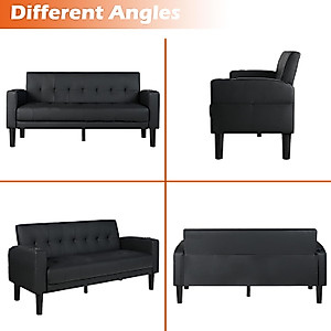 AILEEKISS 2 Piece Living Room Sofa Set Loveseat Sofas Sets with 2 USB, Cup Holders, Side Pocket, Modern Leather 2 Pcs Sectional Couches Set for Apartment, Office, Bedroom (Black, 2-Seat+1-Seat)