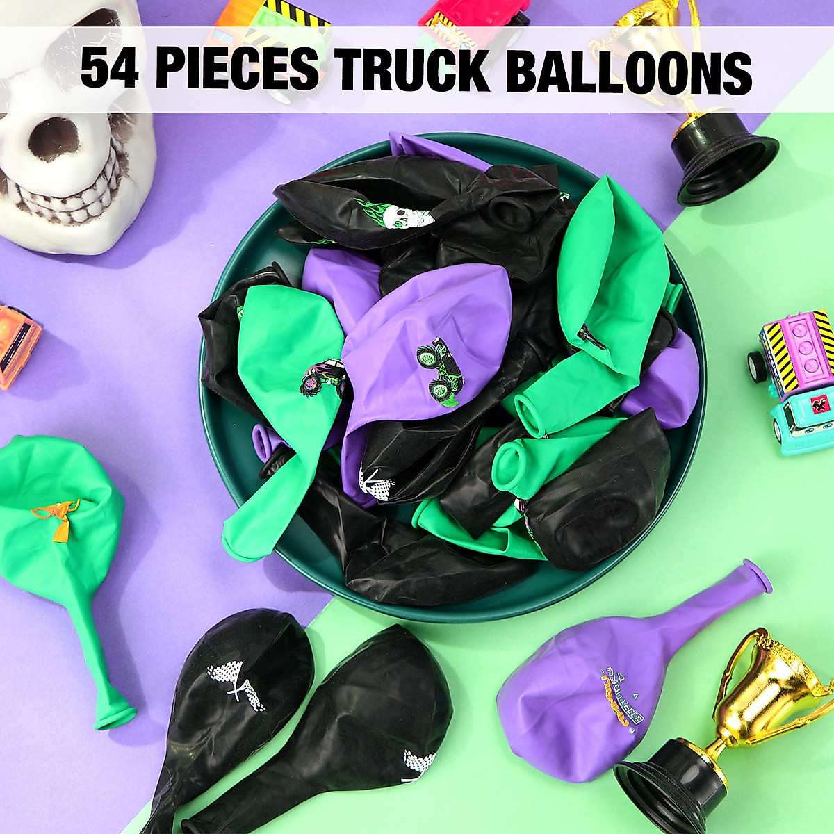 Silipull 54 Pcs Truck Balloons Birthday Party Decoration Truck Birthday Party Supplies 12 Inch Green and Purple Balloons Kit Race Car Decorations Latex Balloons for Truck Theme Birthday Baby Shower