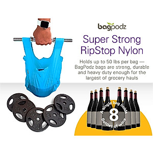 BagPodz Reusable Shopping Bags Inside a Compact Pod with Carry Clip RipStop Nylon Holds 50lbs Very Sturdy, 5 Pack in Blue