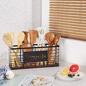 Yangbaga Utensil Holder for Kitchen Counter-Extra Large Kitchen Utensil Holder with 4 Compartments,Black Metal Cooking Utensil Organizer for Countertop ,Farmhouse Spatula Holder Caddy for Party