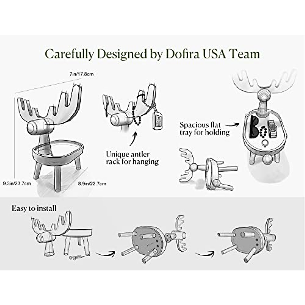 Dofira Deer Wood Key Tray for Entryway Table, Jewelry Holder Organizer, Decorative Catchall Tray with Antler Hanging Rack & Serving Platter, Lucky Gift for Christmas, Birthday, Wedding, Anniversary