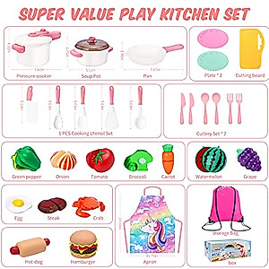 Kids Play Kitchen Accessories Set, Pretend Play Cooking Toys Set, Kitchen Toys Playset for Toddlers, Toy Pots and Pans for Kids Kitchen with Fake Play Food Cookware Utensils Dishes, Girls Boys Gift