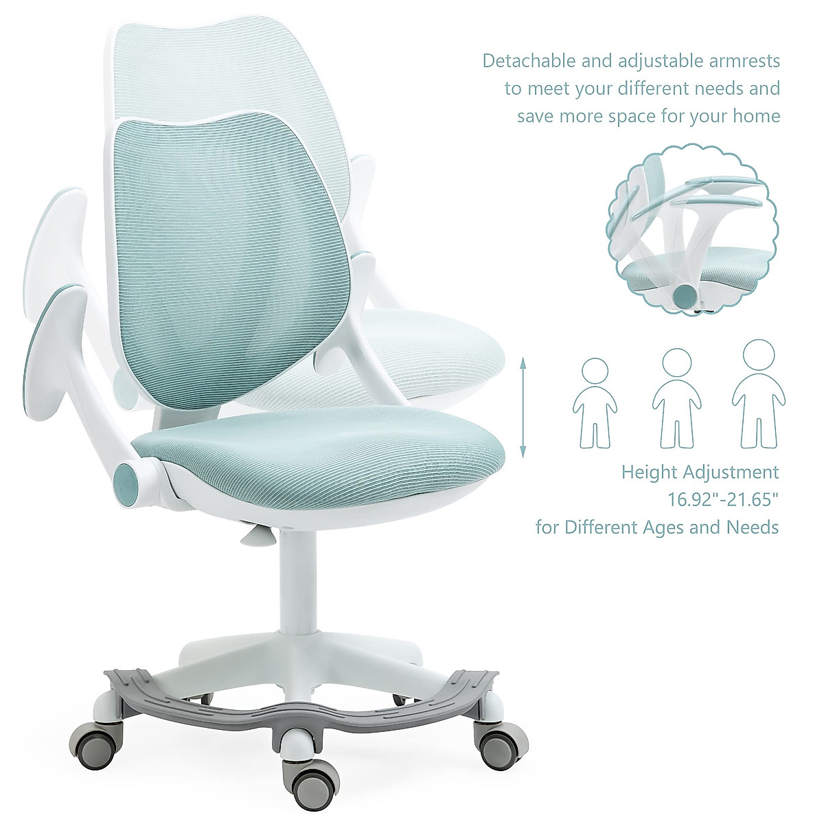 Villeston Cute Kids Desk Chair - Blue Computer Chair with Adjustable Armrests and Footrest Study Reading Office Swivel Chairs for Boys Girls Teens