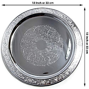MARO MEGASTORE (Pack of 4 Traditional Round Floral Pattern Engraved Catering Chrome Plated Serving Tray Mirror Plate Silver Metal Platter Tableware Wedding Birthday (Extra Large) T139 (4-Pack (13"))