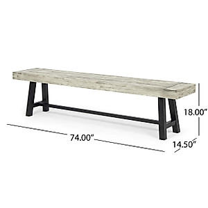 GDFStudio Outdoor Acacia Wood Bench, Sandblast Light Gray Wash and Black Metal