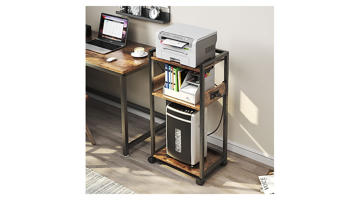 TC-HOMENY 3-Tier Mobile Printer Stand with Storage & Power Strip