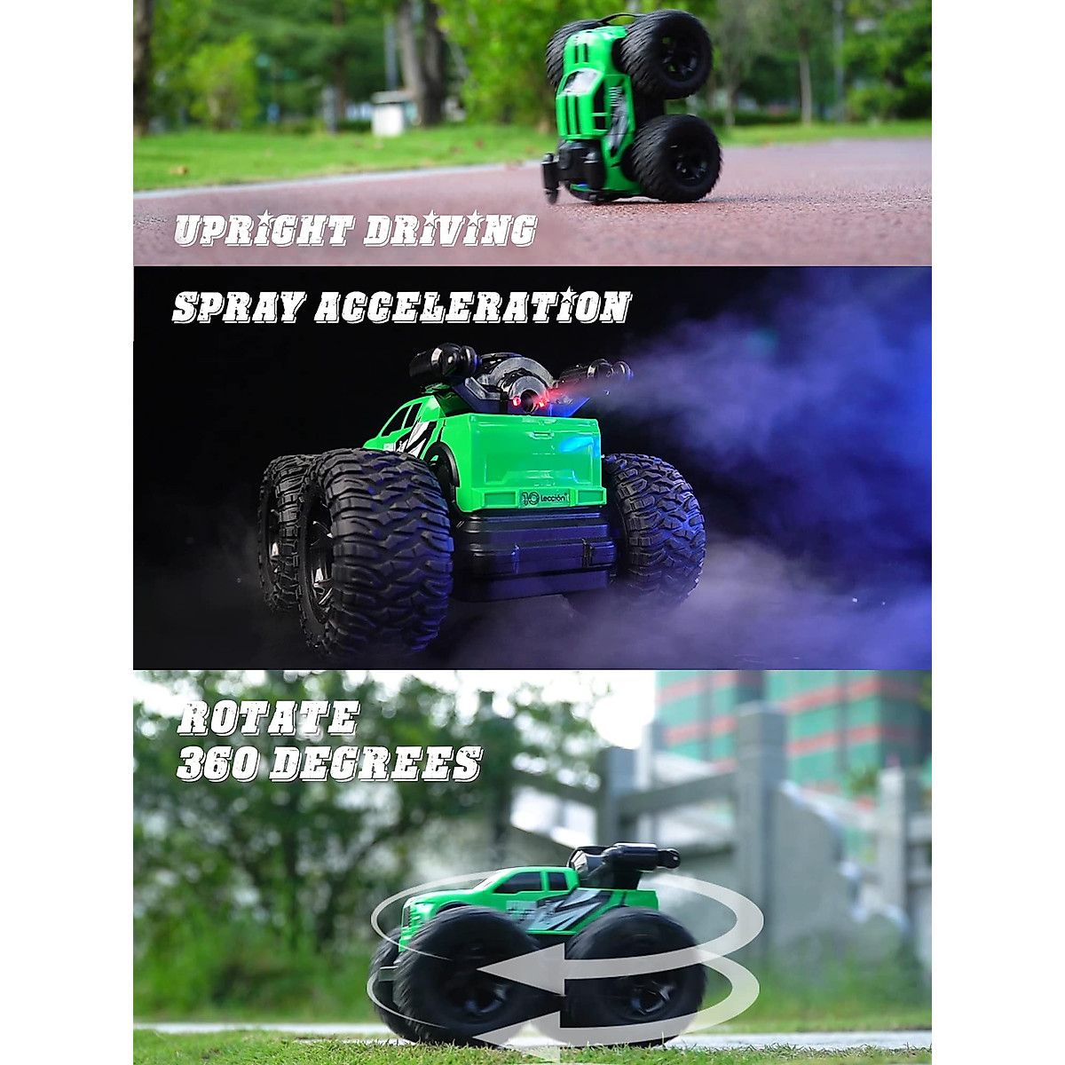 RC Stunt Car, RC Monster Trucks 4x4 Offroad, 4WD 360° Flips Rotating Car Toys for Boys and Girls, Toddler Remote Control Car with Spray Function, Ideal Birthday for Kids (Green)