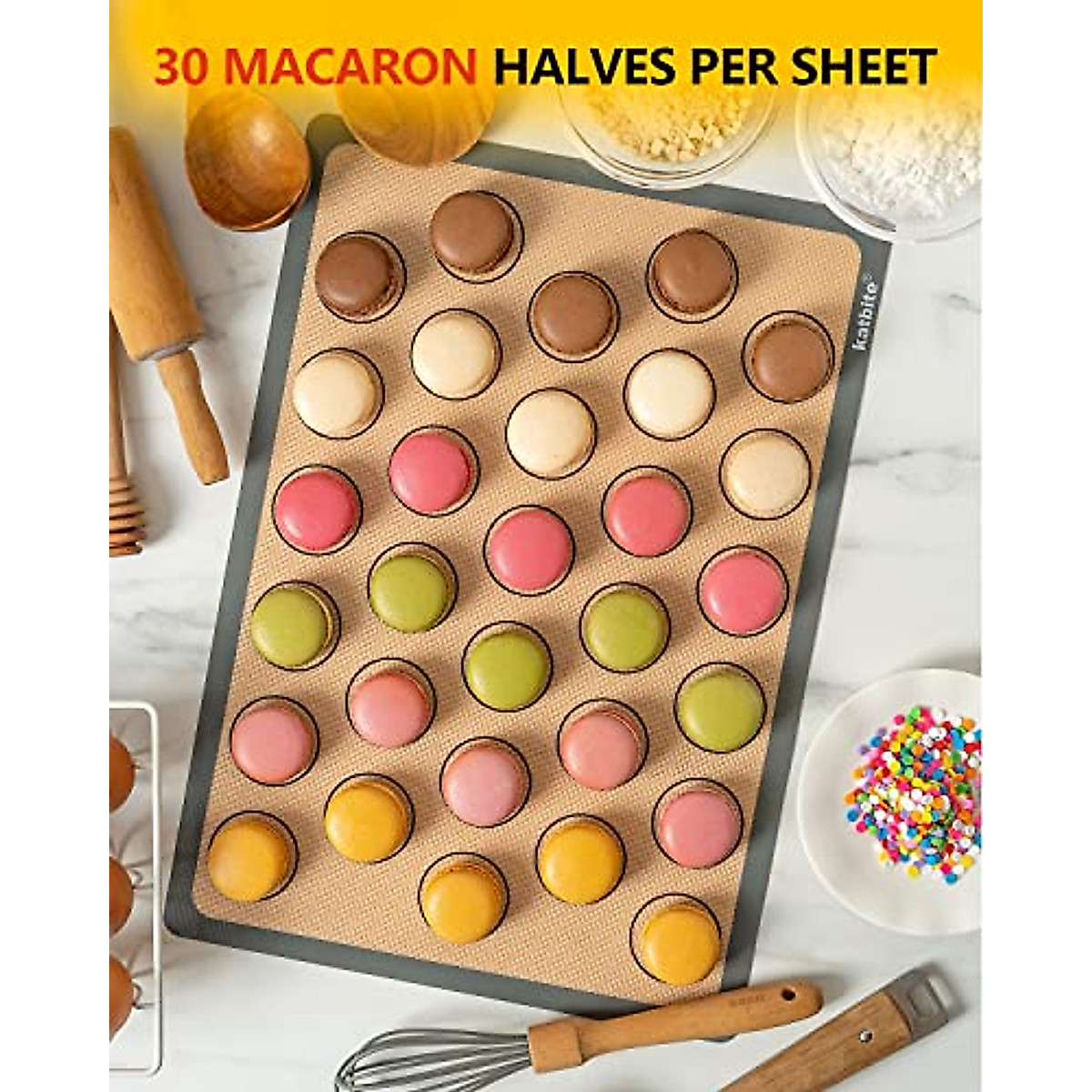 Macaron Silicone Baking Mats, Katbite Silicone Macaroons Baking Mat Set of 2 Half Sheet (11 5/8" x 16 1/2") Reusable & Nonstick Macarons Baking Supplies Silicone Bakeware Mats for Macarons Cookies