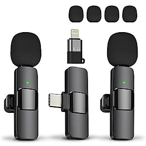 TUTGLOBAL USB Type-C&Lightning Mini Wireless Lavalier Microphone for iPhone iPad Android iPhone 15 Pro Max Galaxy,2 Pack Lapel Microphones,AutoConnect Noise Cancelling Mic for Podcast/Record/etc