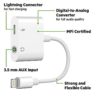 2 Pack Headphone Adapter for iPhone, [Apple MFi Certified] 2 in 1 Lightning to 3.5mm AUX Audio + Charger Splitter Compatible with iPhone 14/13/12/11/XS/XR/X 8/iPad, Support All iOS System