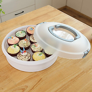 FEOOWV Portable Pie Cupcake Carrier with Lid and Tray 3-In-1 Round Cupcake Container Egg Holder Deviled Egg Tray Muffin Tart Cookie Food Keeper 10 Inch