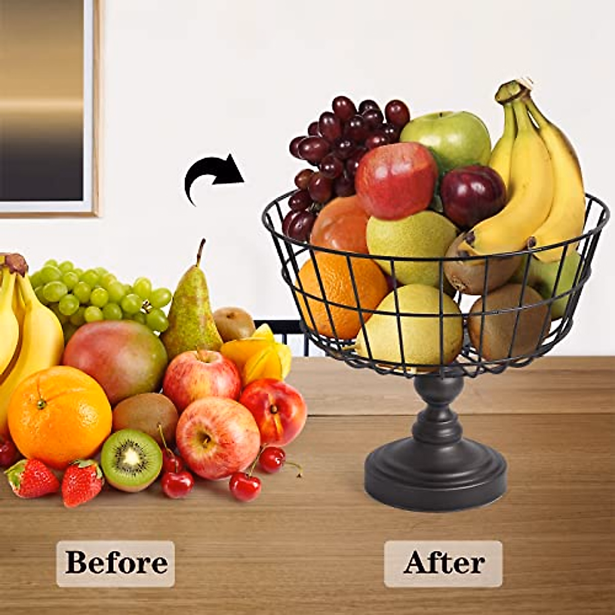 Black Fruit Basket for Kitchen, 2 Pack Metal Fruit Bowl for Kitchen Counter, Decorative Black Wire Baskets with Detachable Non-Slip Pedestal, Fruit Holder for Vegetable Bread Storage (11” & 8.7 “)