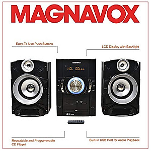 Magnavox MM440 3-Piece CD Shelf System with Digital PLL FM Stereo Radio, Bluetooth Wireless Technology, and Remote Control in Black | Blue Colored Lights | LED Display | AUX Port Compatible |