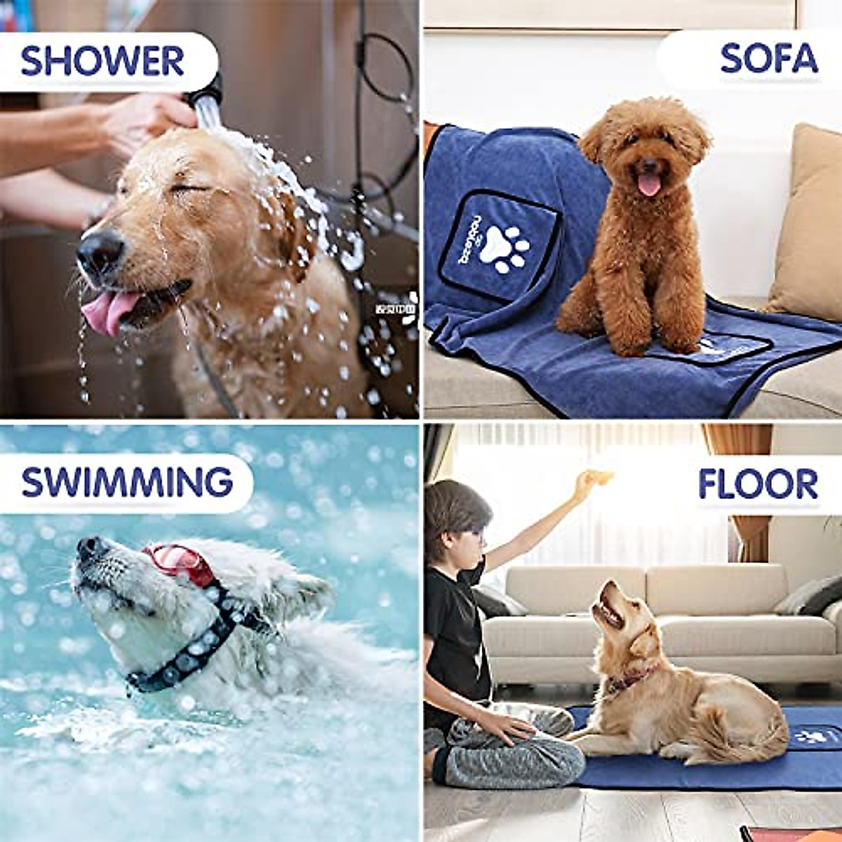 Nobleza Dog Towel, Super Absorbent Large Pet Towel with Hand Pockets, Microfiber Quick Drying Dog Towels for Drying Dogs, Mazarine