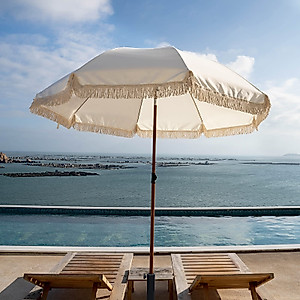 Funsite 7.5Ft Patio Beach Umbrella with Fringe, Tassel Umbrella UPF50+ with Push Botton Tilt & Crank, Holiday Outdoor Umbrella with Carry Bag Ideal for Garden, Lawn, Deck, Yard&Pool, White