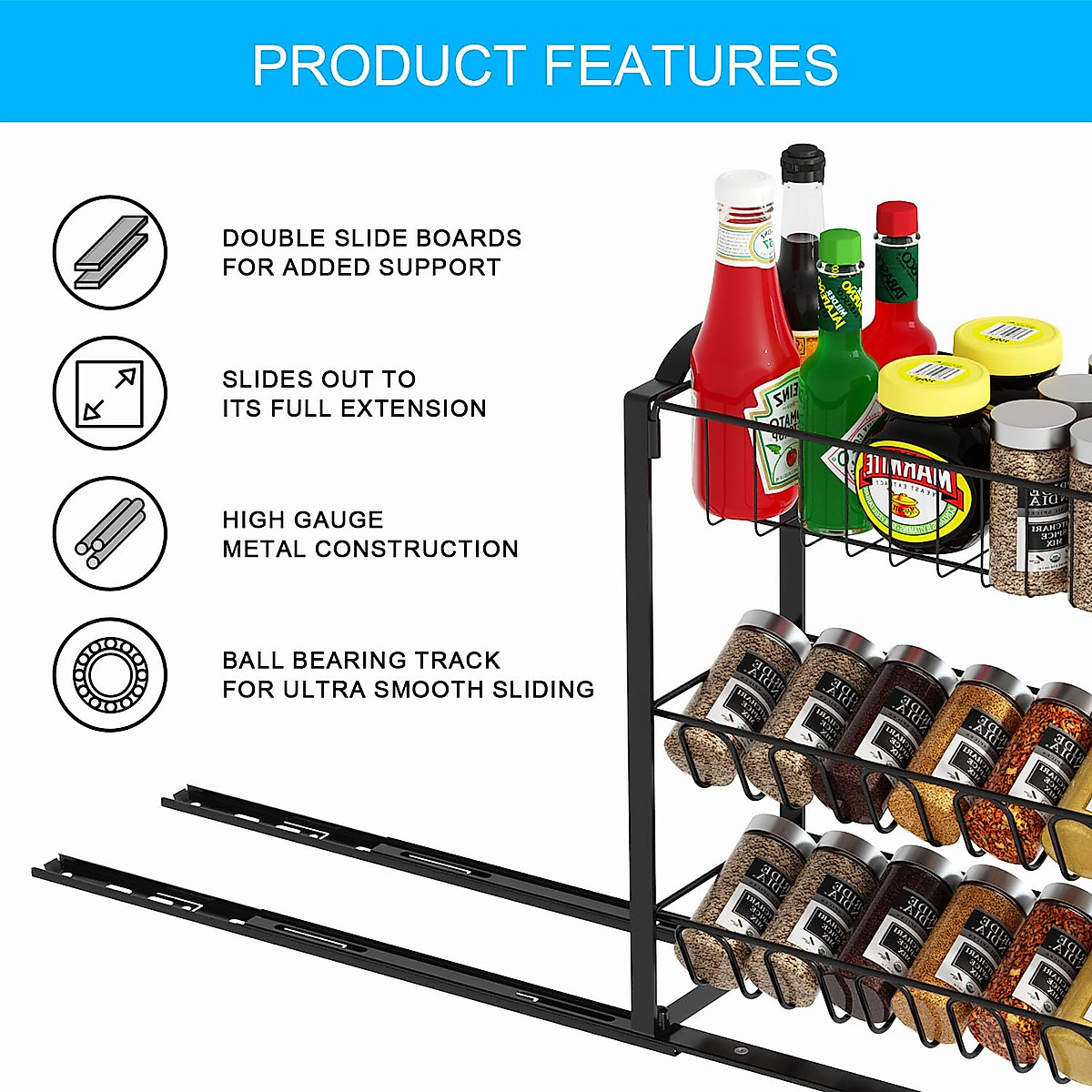 Pull Out 3-Tier Spice Rack - Sliding Organizer for Kitchen Cabinets, Under Sink Shelf, Slide Out Racks for Storage, Cabinet Organization in Kitchen, Heavy Duty Slide Out Seasoning Kitchen Organizer.