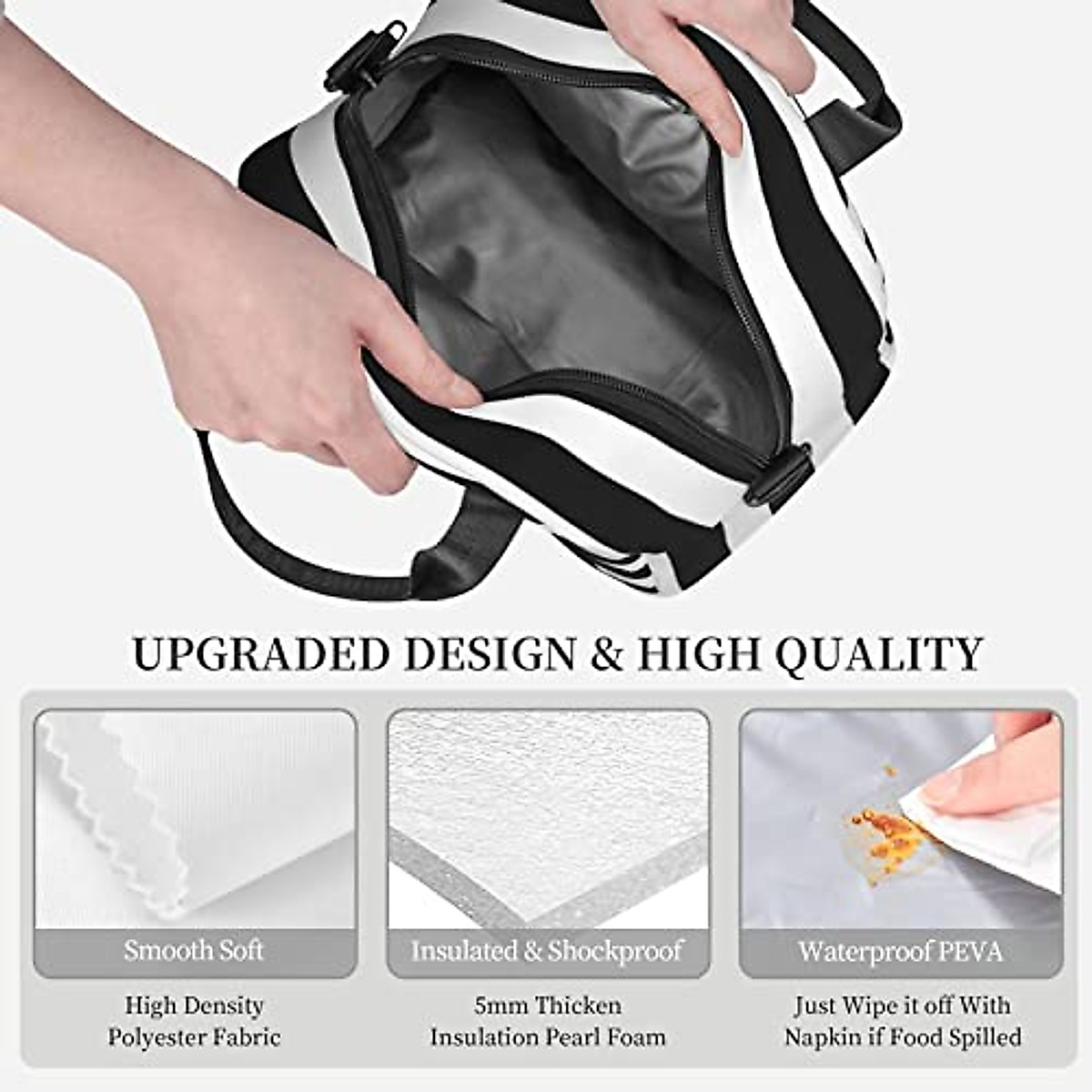 Cute Cat Black And White Striped Background Lunch Bag Funny Animal Kitten Reusable Insulated Lunch Tote Bag Lunchbox Container With Adjustable Shoulder Strap For Office Work School Picnic Travel