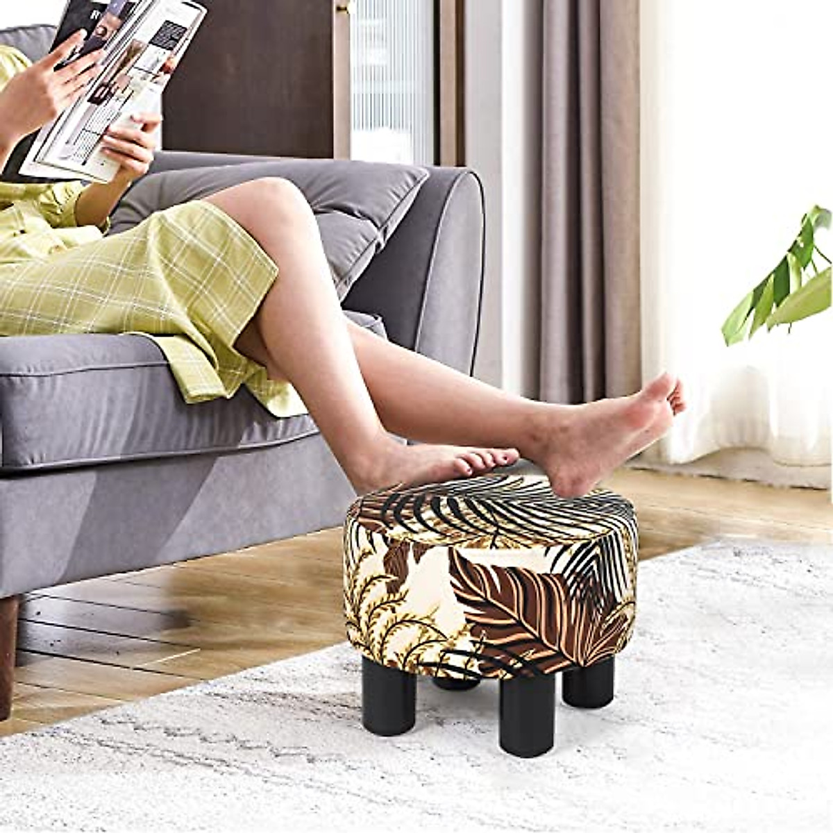 Joveco Small Round Ottoman Footstool, Velvet Fabric Footrest with Non-Skid Plastic Legs, Padded Footrest for Living Room (Yellow)