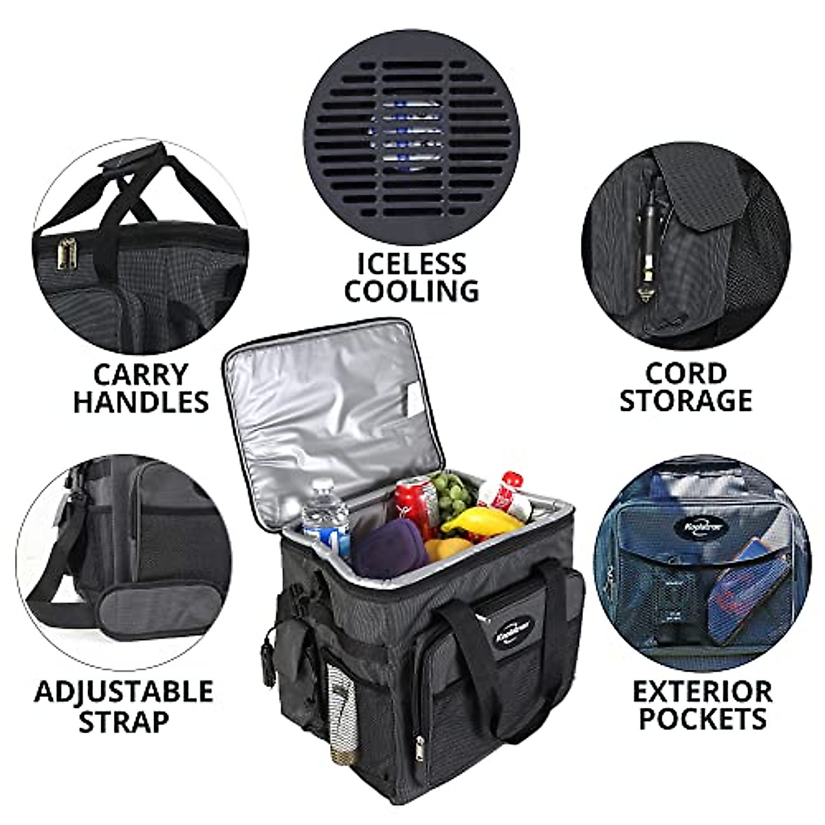 Koolatron Thermoelectric Iceless 12V Cooler Bag, 26 qt (25 L) Black/Gray Soft-Sided Portable Car Fridge w/DC Power Cord, Adjustable Shoulder Strap, Cord Storage, Travel Fishing Trucking Road Trip