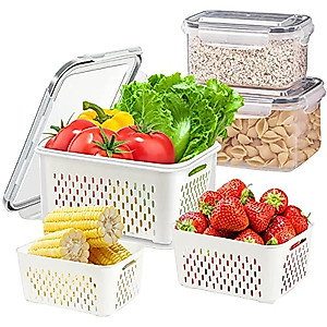6 Pack Produce Saver Storage Containers , 3 fresh-keeping boxes + 3 drain baskets Multifunctional Draining Crisper with Strainers, Keep Vegetables Fresh ,Fresh Vegetable Fruit Storage Containers ,