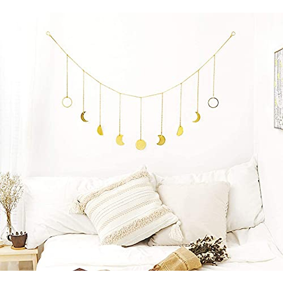 Mkono Moon Phase Wall Hanging Boho Aesthetic Room Decor Metal Moons Garland Hanging Art Bohemian Home Decoration for Girls Room Nursery Bedroom Livingroom Dorm, Ideal Gift, Gold, 50"