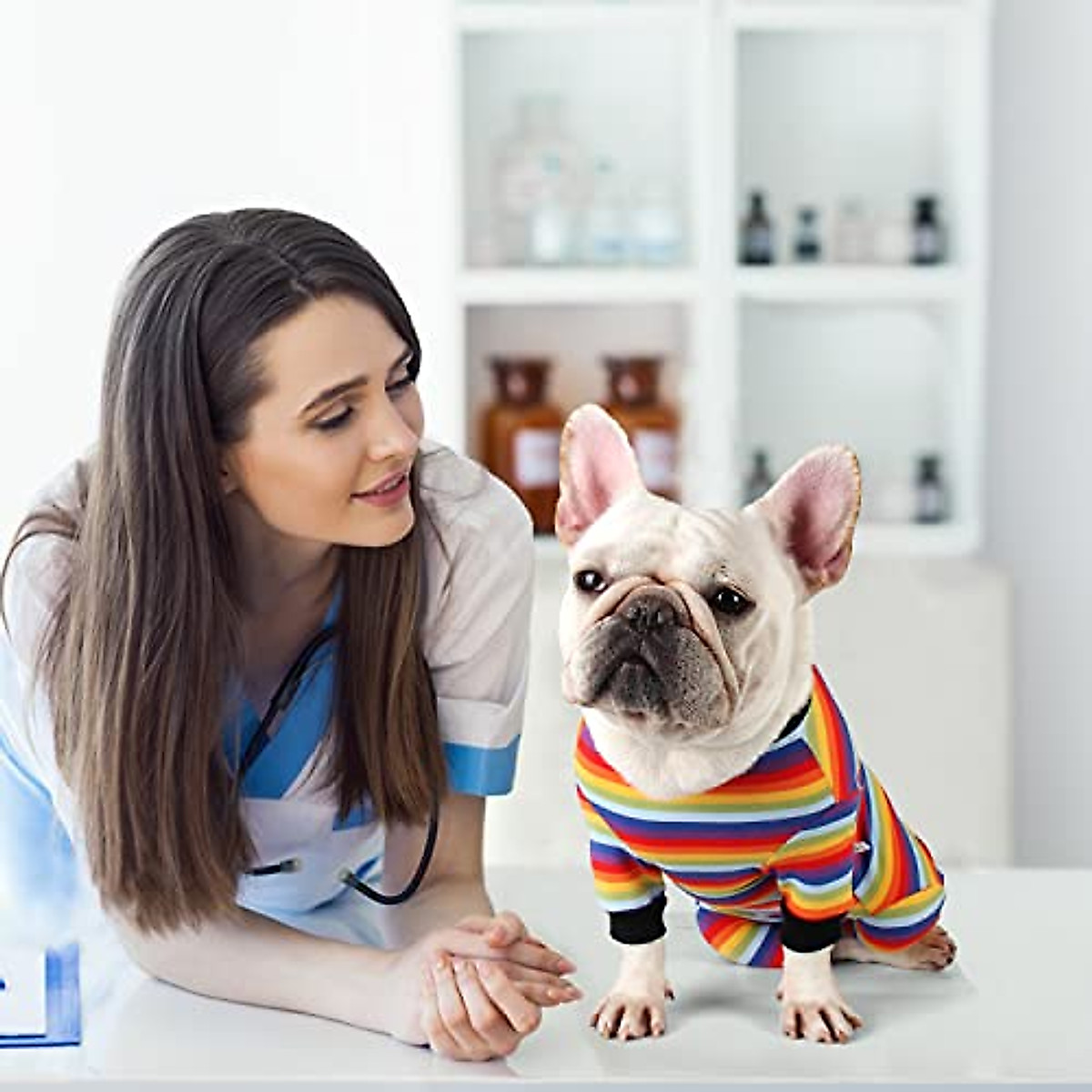Etdane Dog Surgical Recovery Suit Pet After Surgery Onesies Long Sleeve for Female Male Doggy Alternative Cone E-Collar Rainbow Stripe/S