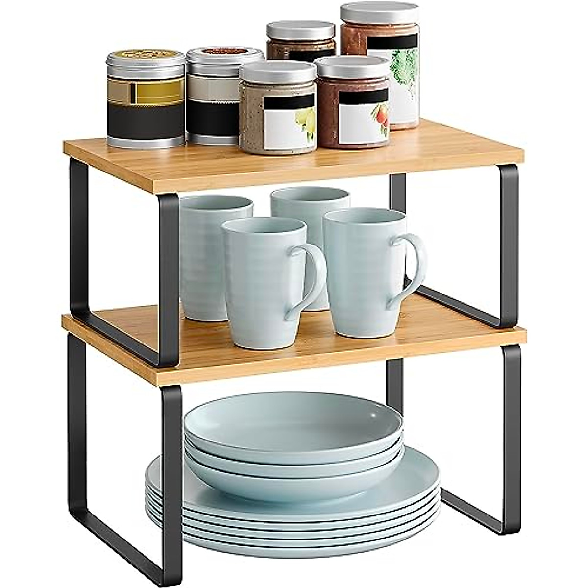 Cabinet Organizer Shelf, Set of 2 Kitchen Counter Shelves, Kitchen Storage, Spice Rack, Stackable, Expandable, Metal and Engineered Wood, Black and Natural (Black & Natural)