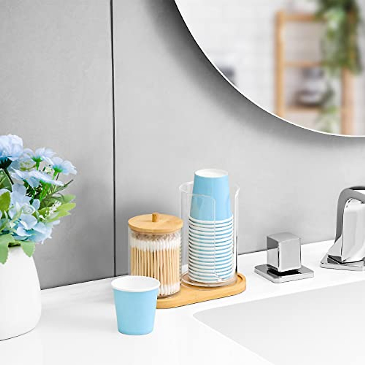 VITVITI Bathroom Cup Dispenser, Paper Cup Holder for Mouthwash Dispenser, Floss Cotton Swab Canister Cotton Ball Holder for Vanity with Bamboo Tray/Lid, Clear