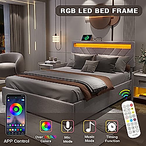 ADORNEVE LED Full Size Bed Frame with Storage Drawers, Upholstered Platform Bed Frame Full with LED Lights and Charging Station, Sturdy Wooden Slats Support, No Box Spring Needed, Light Grey