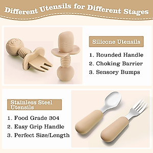 Silicone Baby Feeding Set, Baby Led Weaning Supplies with Suction Bowl Divided Plate, Toddler Self Feeding Dish Set with Spoons Forks Sippy Cup Adjustable Bib, Eating Utensils for 6+ Months(Khaki)