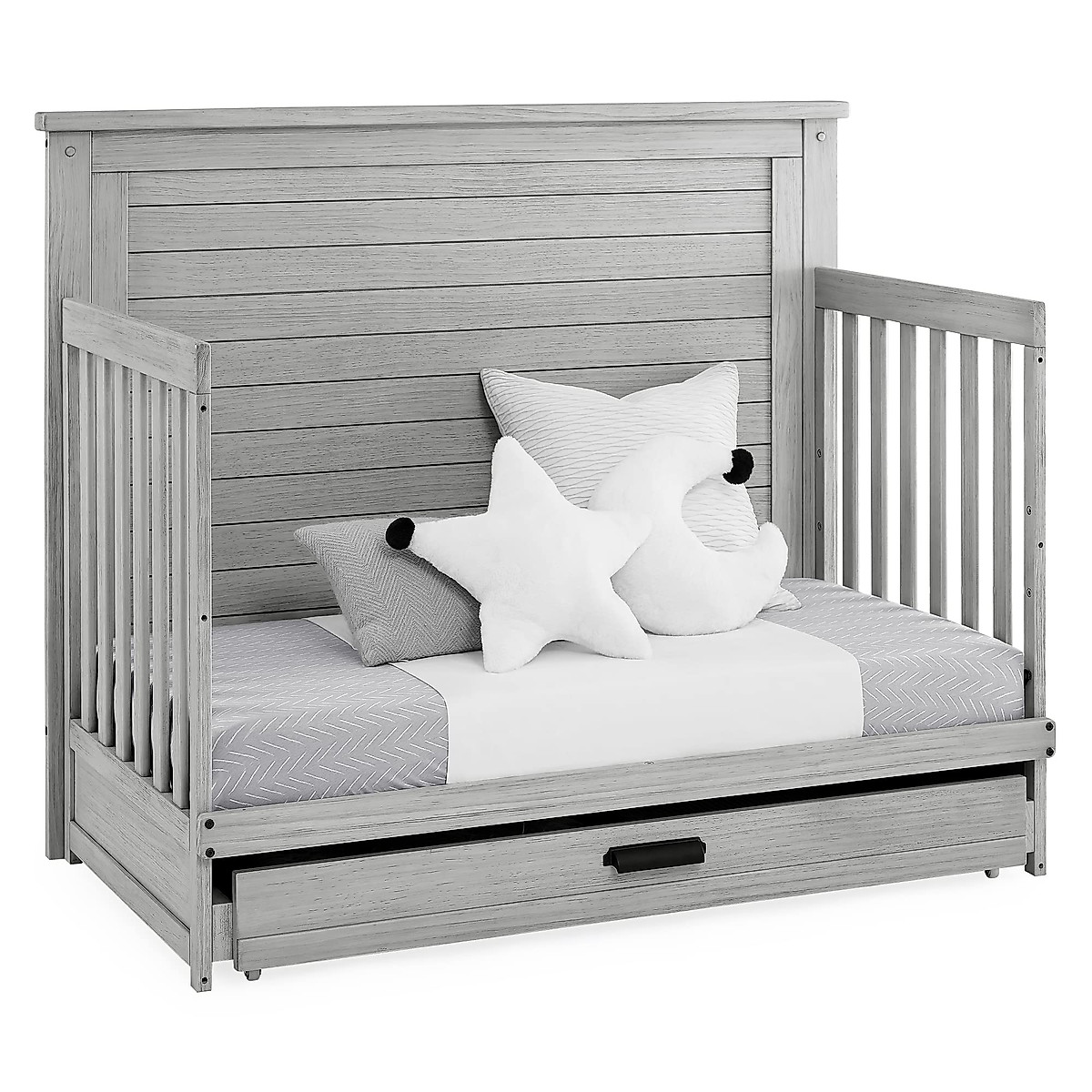 Delta Children Simmons Kids Caden 6-in-1 Convertible Crib with Trundle Drawer, Greenguard Gold Certified, Rustic Mist